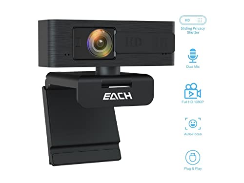 EACH AutoFocus Full HD Webcam 1080P with Privacy Shutter - Pro Web Camera with Dual Digital Microphone - USB Computer Camera for PC Laptop Desktop Mac Video Calling, Conferencing Skype YouTube