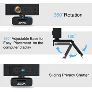 EACH AutoFocus Full HD Webcam 1080P with Privacy Shutter - Pro Web Camera with Dual Digital Microphone - USB Computer Camera for PC Laptop Desktop Mac Video Calling, Conferencing Skype YouTube