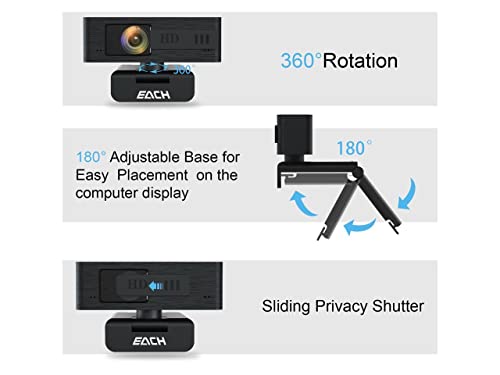 EACH AutoFocus Full HD Webcam 1080P with Privacy Shutter - Pro Web Camera with Dual Digital Microphone - USB Computer Camera for PC Laptop Desktop Mac Video Calling, Conferencing Skype YouTube