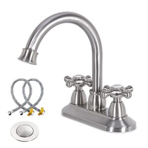 gowin brushed nickel bathroom faucet with drain assembly and supply hose, 2-handle 4 inch centerset faucet for bathrooms,high arc swivel spout bathroom sinks faucet