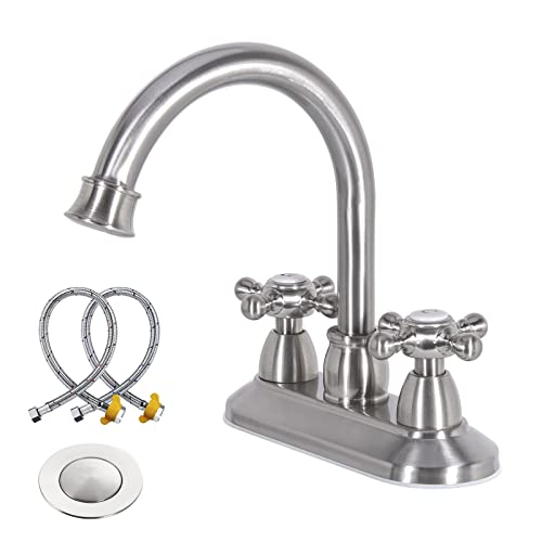 GOWIN Brushed Nickel Bathroom Faucet with Drain Assembly and Supply Hose, 2-Handle 4 Inch Centerset Faucet for bathrooms,High Arc Swivel Spout Bathroom Sinks Faucet