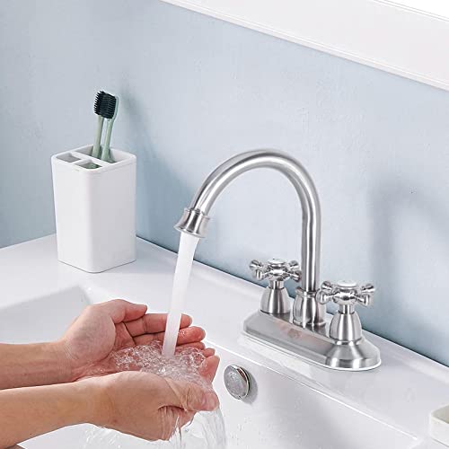 GOWIN Brushed Nickel Bathroom Faucet with Drain Assembly and Supply Hose, 2-Handle 4 Inch Centerset Faucet for bathrooms,High Arc Swivel Spout Bathroom Sinks Faucet