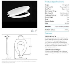 Centoco Elongated Toilet Seat, Lock In Place, Fast-N-Lock Mounting, Open Front With Cover, Commercial, Plastic, Made in the USA, 820STSFE-001, White