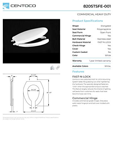 Centoco Elongated Toilet Seat, Lock In Place, Fast-N-Lock Mounting, Open Front With Cover, Commercial, Plastic, Made in the USA, 820STSFE-001, White