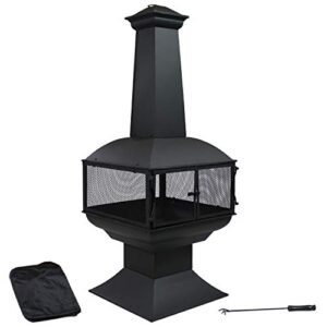 Sunnydaze 57-Inch Black Steel Chiminea with Log Grate, Cover, and Poker - Protective Mesh Screen - 360-Degree Fire View