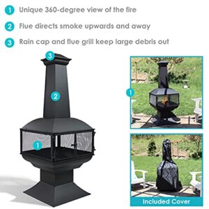 Sunnydaze 57-Inch Black Steel Chiminea with Log Grate, Cover, and Poker - Protective Mesh Screen - 360-Degree Fire View