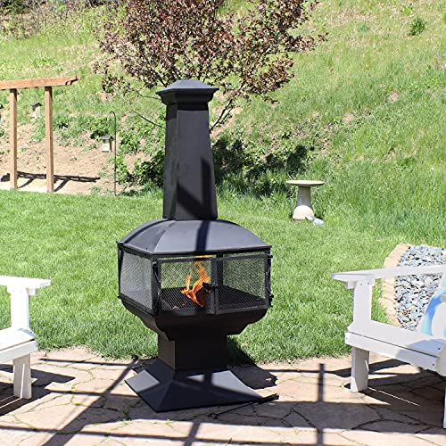 Sunnydaze 57-Inch Black Steel Chiminea with Log Grate, Cover, and Poker - Protective Mesh Screen - 360-Degree Fire View