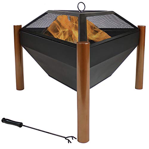 Sunnydaze 31-Inch Steel Wood-Burning Triangle Fire Pit/Side Table - Log Grate, Poker and Spark Screen - Copper Finish