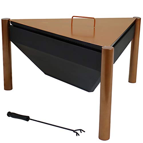 Sunnydaze 31-Inch Steel Wood-Burning Triangle Fire Pit/Side Table - Log Grate, Poker and Spark Screen - Copper Finish