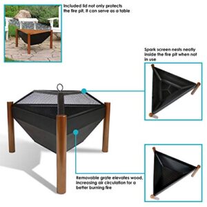 Sunnydaze 31-Inch Steel Wood-Burning Triangle Fire Pit/Side Table - Log Grate, Poker and Spark Screen - Copper Finish