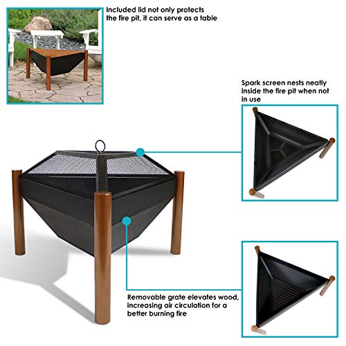 Sunnydaze 31-Inch Steel Wood-Burning Triangle Fire Pit/Side Table - Log Grate, Poker and Spark Screen - Copper Finish