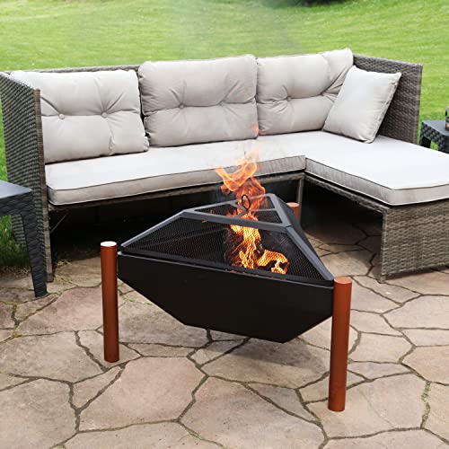 Sunnydaze 31-Inch Steel Wood-Burning Triangle Fire Pit/Side Table - Log Grate, Poker and Spark Screen - Copper Finish