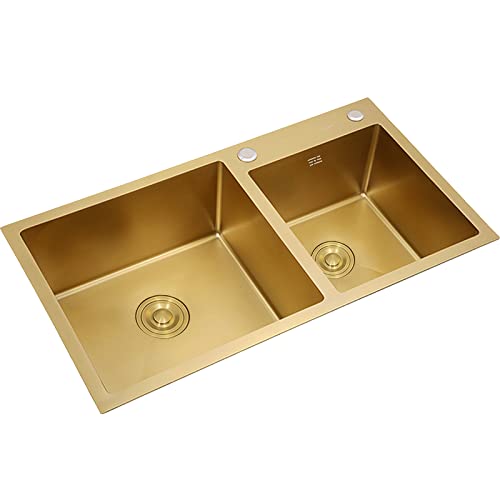 Gold Kitchen Sink, Double Bowl Bar Sink, 304 Stainless Steel Nano-Coated, with Gold Sink Stopper and Drain Strainer, Drop-In or Undermount, 29.5” x15.7”