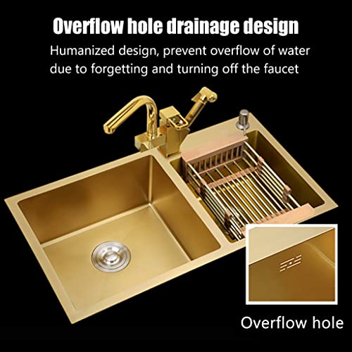 Gold Kitchen Sink, Double Bowl Bar Sink, 304 Stainless Steel Nano-Coated, with Gold Sink Stopper and Drain Strainer, Drop-In or Undermount, 29.5” x15.7”