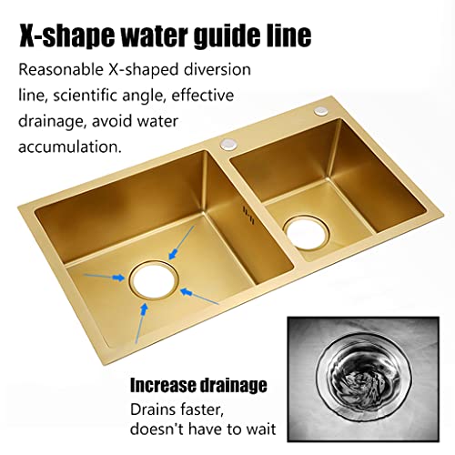 Gold Kitchen Sink, Double Bowl Bar Sink, 304 Stainless Steel Nano-Coated, with Gold Sink Stopper and Drain Strainer, Drop-In or Undermount, 29.5” x15.7”