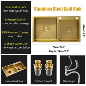 Gold Kitchen Sink, Double Bowl Bar Sink, 304 Stainless Steel Nano-Coated, with Gold Sink Stopper and Drain Strainer, Drop-In or Undermount, 29.5” x15.7”