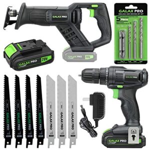 galax pro 20 v max cordless combo kit, 20 n.m impact drill driver, reciprocating saw 0-3000 spm, 1.3 ah li-ion battery pack with charger and 7 pieces blades