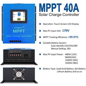 XYZ INVT MPPT Solar Charge Controller 40A Max 170V Input Volt PV Solar Panel Controller Touch Screen LCD Display 12V/24V/48V Auto Identify 36V Manual Setting (MPPT-40A)