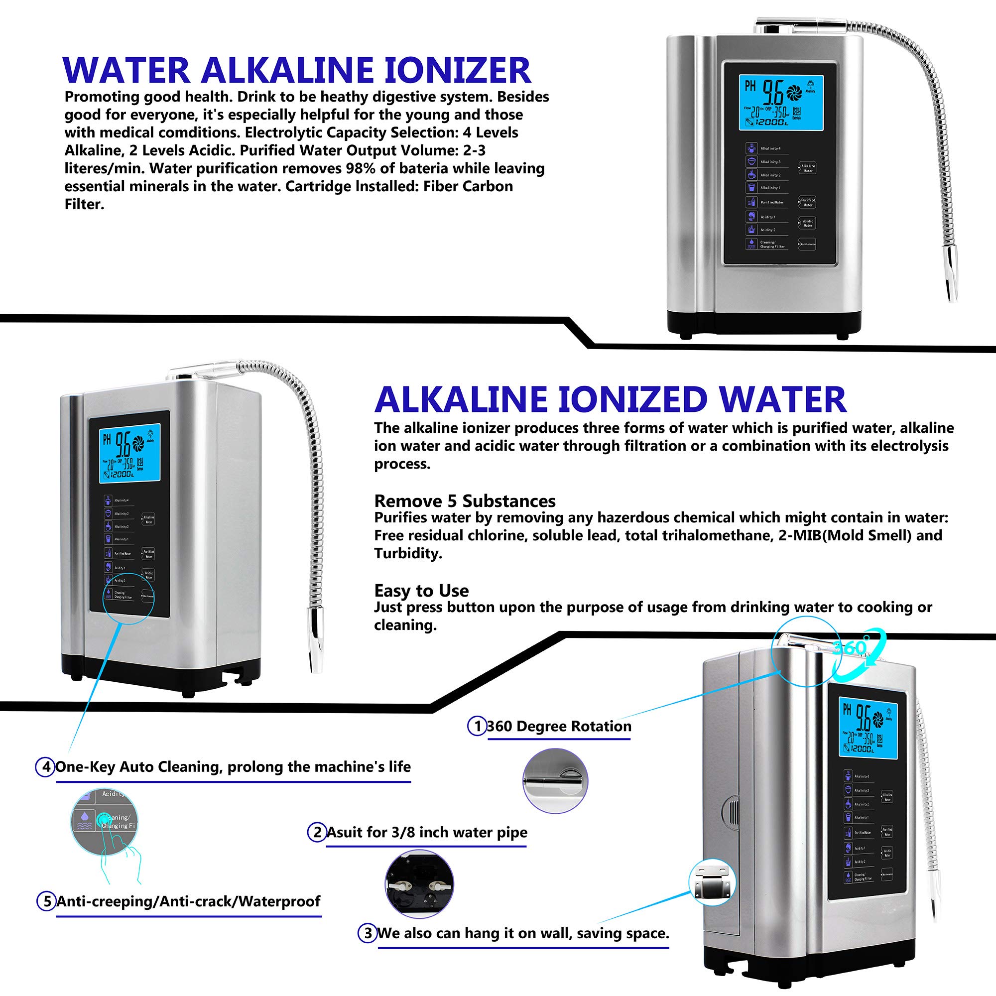 AlkaDrops Water Ionizer, Water Purifier Machine PH 3.5-10.5 Alkaline Acid Water Machine,Up to -500mV ORP, 8000 Liters Per Filter,7 Water Settings,Auto-Cleaning,Intelligent Voice(Silver)