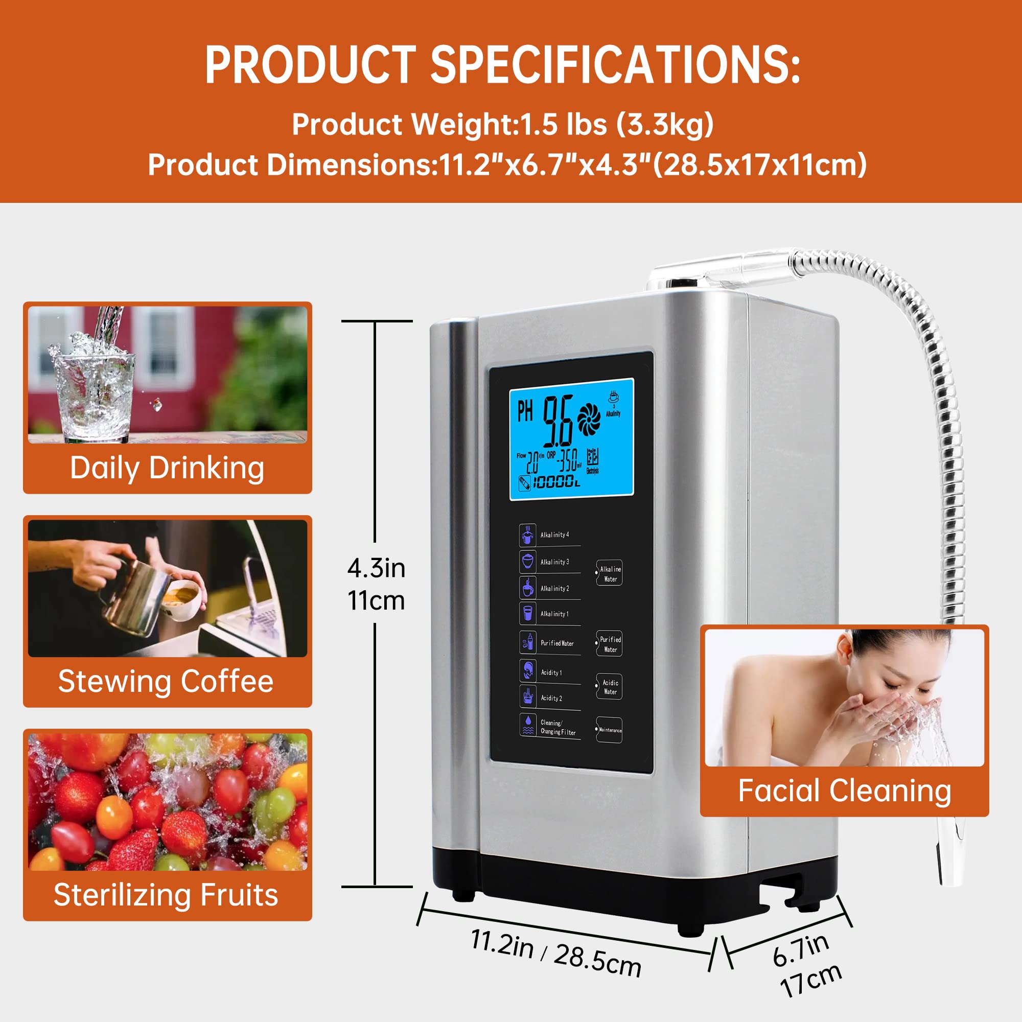 AlkaDrops Water Ionizer, Water Purifier Machine PH 3.5-10.5 Alkaline Acid Water Machine,Up to -500mV ORP, 8000 Liters Per Filter,7 Water Settings,Auto-Cleaning,Intelligent Voice(Silver)