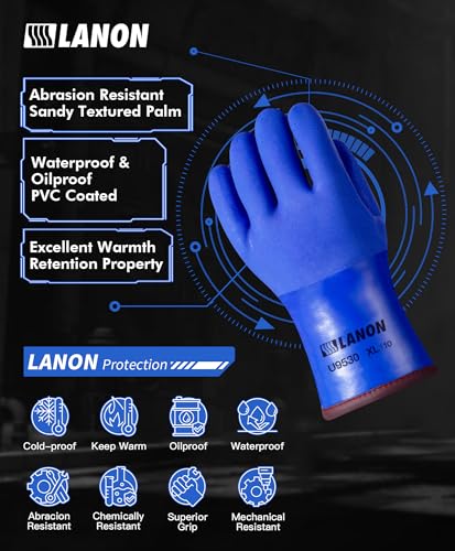 LANON PVC Coated Cold Proof Heavy Duty Gloves, Waterproof Warm Work Gloves for Freezer Work, Chemical & Oil Resistant, Non-Slip, XL