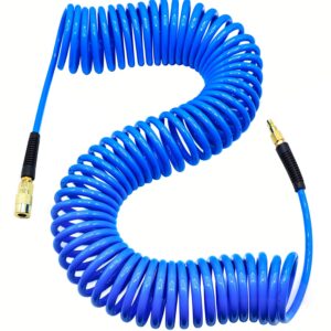 YOTOO Polyurethane Recoil Air Hose 1/4" Inner Diameter by 50' Long with Bend Restrictor, 1/4" Industrial Quick Coupler and Plug, Blue