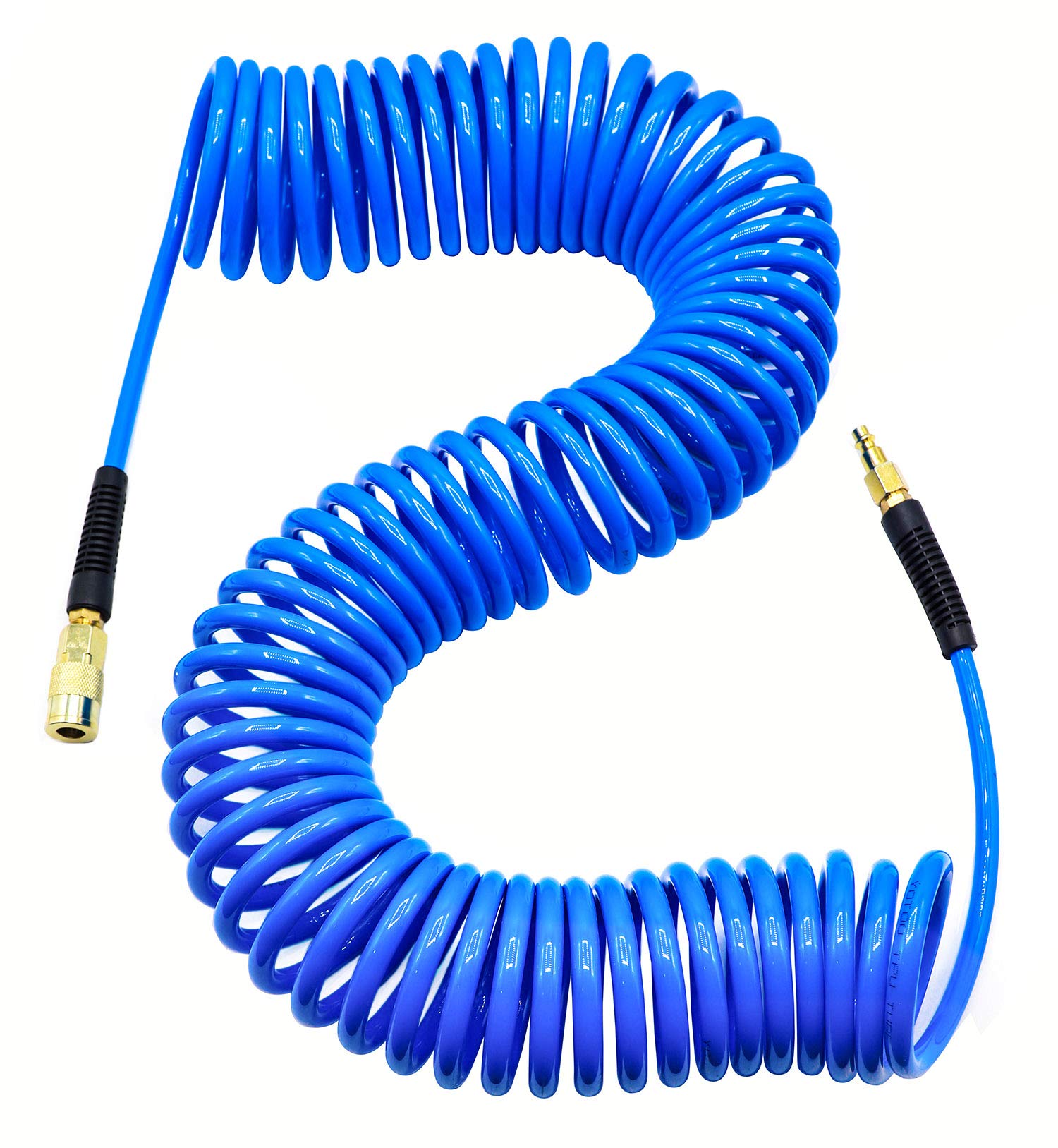 YOTOO Polyurethane Recoil Air Hose 1/4" Inner Diameter by 50' Long with Bend Restrictor, 1/4" Industrial Quick Coupler and Plug, Blue