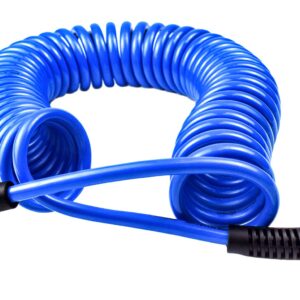 YOTOO Polyurethane Recoil Air Hose 1/4" Inner Diameter by 50' Long with Bend Restrictor, 1/4" Industrial Quick Coupler and Plug, Blue