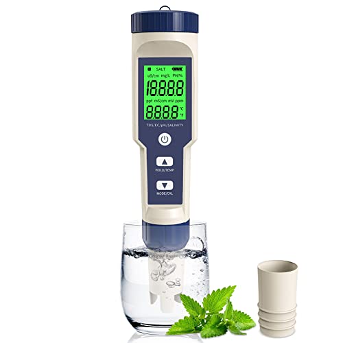 RCYAGO PH Meter, 5 in 1 PH/TDS/EC/Salinity/Temp Meter with ATC, 0.01 Resolution High Accuracy Water Testing for Drinking Water, Hydroponics, Seawater, Aquariums, Fish Tank and Swimming Pools