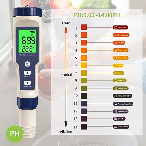 RCYAGO PH Meter, 5 in 1 PH/TDS/EC/Salinity/Temp Meter with ATC, 0.01 Resolution High Accuracy Water Testing for Drinking Water, Hydroponics, Seawater, Aquariums, Fish Tank and Swimming Pools