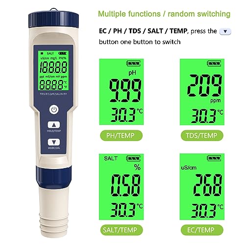 RCYAGO PH Meter, 5 in 1 PH/TDS/EC/Salinity/Temp Meter with ATC, 0.01 Resolution High Accuracy Water Testing for Drinking Water, Hydroponics, Seawater, Aquariums, Fish Tank and Swimming Pools