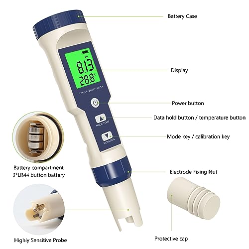 RCYAGO PH Meter, 5 in 1 PH/TDS/EC/Salinity/Temp Meter with ATC, 0.01 Resolution High Accuracy Water Testing for Drinking Water, Hydroponics, Seawater, Aquariums, Fish Tank and Swimming Pools