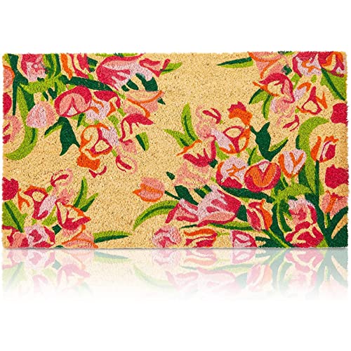 Juvale Floral Natural Coir Nonslip Welcome Door Mat (Pink, Orange, Green, 17 x 30 in)