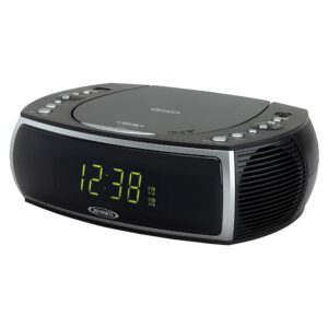 jensen modern home cd tabletop stereo clock digital am/fm radio cd player dual alarm clock stereo cd top-loading disc player | usb charging port dv 5v 800ma | headphone jack | 0.9 display green led