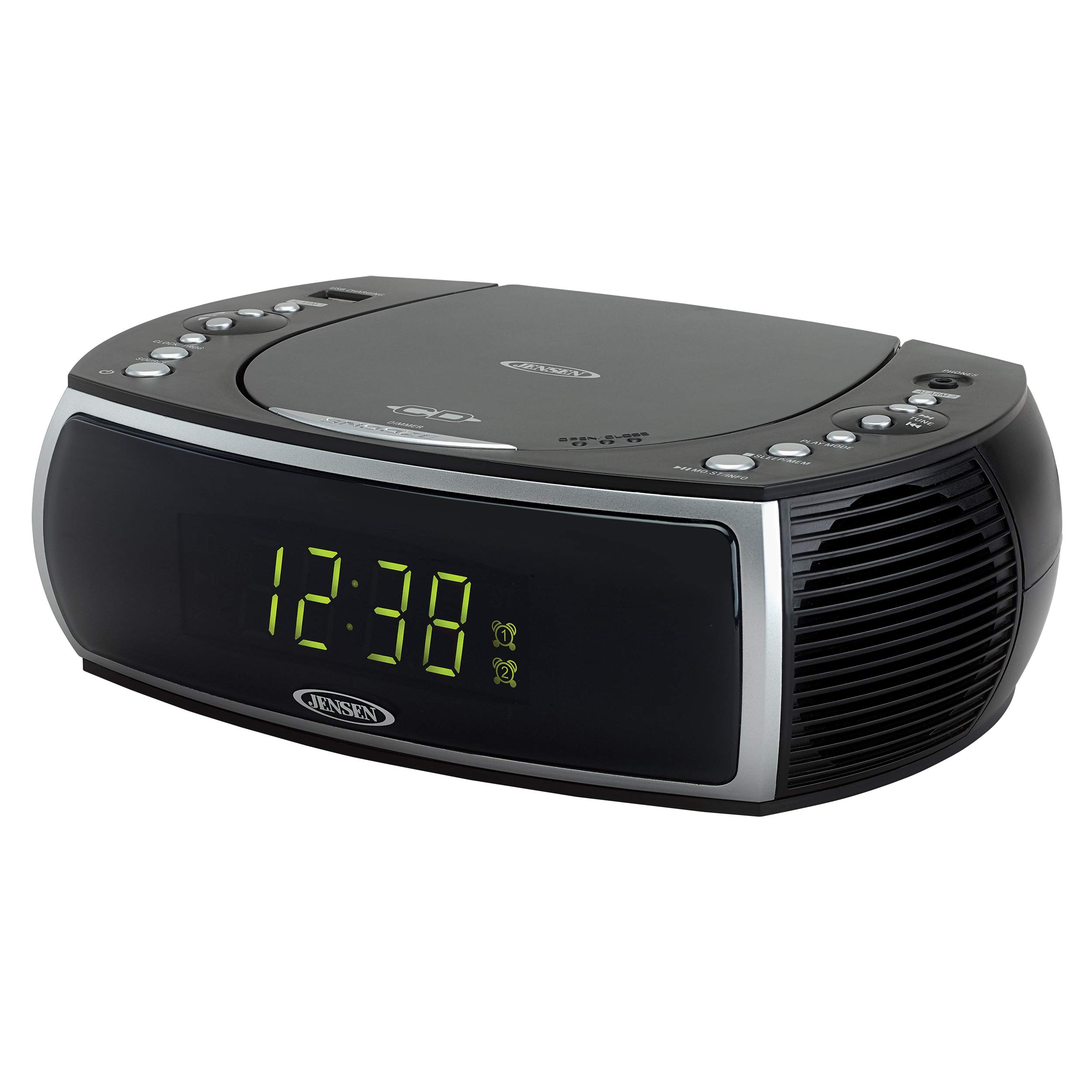 Jensen Modern Home CD Tabletop Stereo Clock Digital AM/FM Radio CD Player Dual Alarm Clock Stereo CD Top-Loading Disc Player | USB Charging Port DV 5V 800mA | Headphone Jack | 0.9 Display Green LED