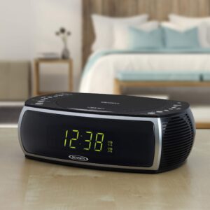 Jensen Modern Home CD Tabletop Stereo Clock Digital AM/FM Radio CD Player Dual Alarm Clock Stereo CD Top-Loading Disc Player | USB Charging Port DV 5V 800mA | Headphone Jack | 0.9 Display Green LED