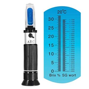 abuycs brix refractometer with atc for beer wort wine fruit sugar homebrew meter dual scale brix 0-32% & specific gravity 1.000-1.130 replace homebrew hydrometer