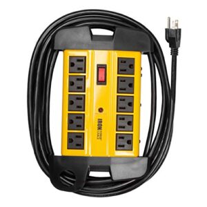 10 outlet heavy duty surge protector power strip - 14/3 sjt industrial black and yellow metal surge suppressor with 15 foot long extension cord