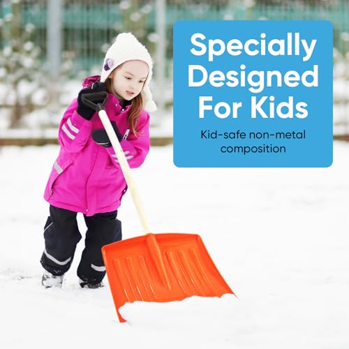 Superio Kids Snow Shovel for Driveway, Plastic Heavy Duty Shovel for Snow Removal with D Grip Wooden Handle Small Orange Kids Shovel Sturdy, 35“ Height, Durable Plastic 12" Wide Blade, Snow Fun (3)