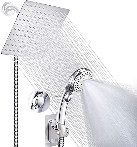 Shower Head with handheld, High Pressure 8'' Rainfall Stainless Steel Handheld Shower with ON/OFF Pause Switch Shower Combo with hose,Adhesive Shower Head Holder