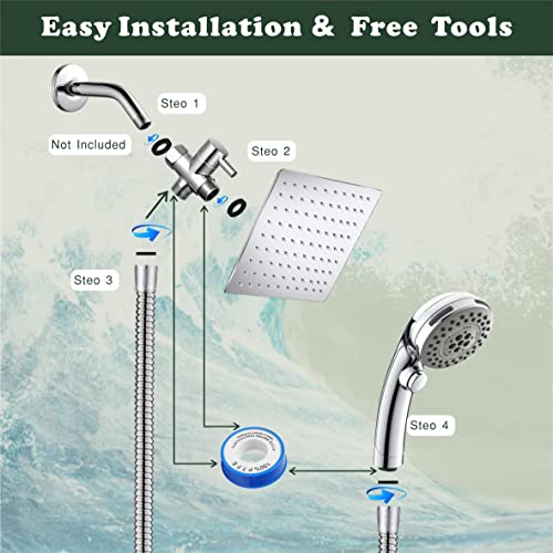 Shower Head with handheld, High Pressure 8'' Rainfall Stainless Steel Handheld Shower with ON/OFF Pause Switch Shower Combo with hose,Adhesive Shower Head Holder