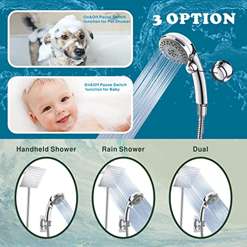 Shower Head with handheld, High Pressure 8'' Rainfall Stainless Steel Handheld Shower with ON/OFF Pause Switch Shower Combo with hose,Adhesive Shower Head Holder