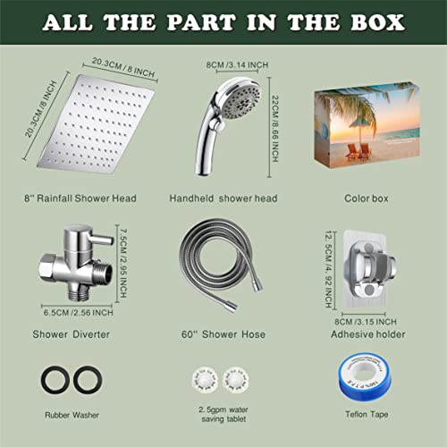 Shower Head with handheld, High Pressure 8'' Rainfall Stainless Steel Handheld Shower with ON/OFF Pause Switch Shower Combo with hose,Adhesive Shower Head Holder