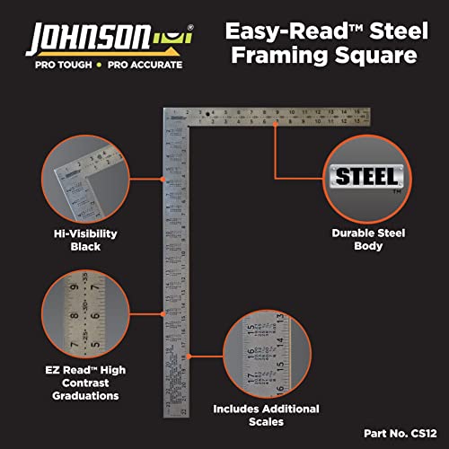 Johnson Level & Tool CS12 Stainless Steel Framing Square, 16" x 24", Silver, 1 Square