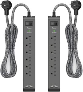 2 pack surge protector power strip with 6 outlets 2 usb ports 5-foot long heavy-duty braided extension cords flat plug 900 joules 15a circuit breaker wall mount for home office etl listed