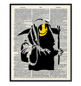 banksy grim reaper graffiti dictionary art - 8x10 smiley face poster - modern home or dorm decor, contemporary wall decoration print - funny gift for street art fans - unframed photo print sign