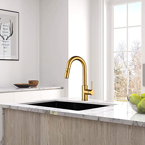 AguaStella AS59BG Brushed Gold Bar Faucet or Prep Kitchen Sink Faucet with Pull Down Sprayer and Single Handle