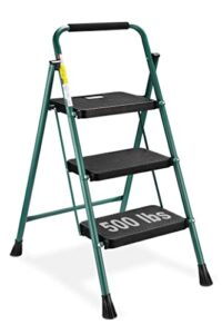 hbtower 3 step ladder, folding step stool with wide anti-slip pedal, 500 lbs sturdy steel ladder, convenient handgrip, lightweight, portable, green and black