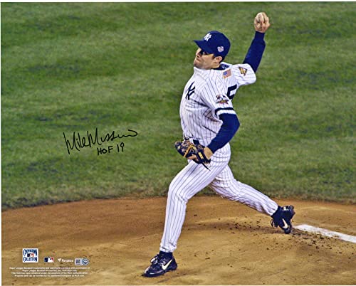 Mike Mussina New York Yankees Autographed 16" x 20" 2001 World Series Pitching Photograph with "HOF 19" Inscription - Autographed MLB Photos