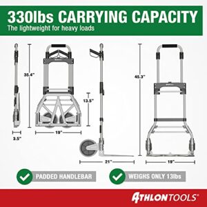 ATHLON TOOLS Aluminium Foldable Hand cart - Up to 330 lb - Smooth-Running Wheels with Soft treads - incl. 2 Expanding Cords